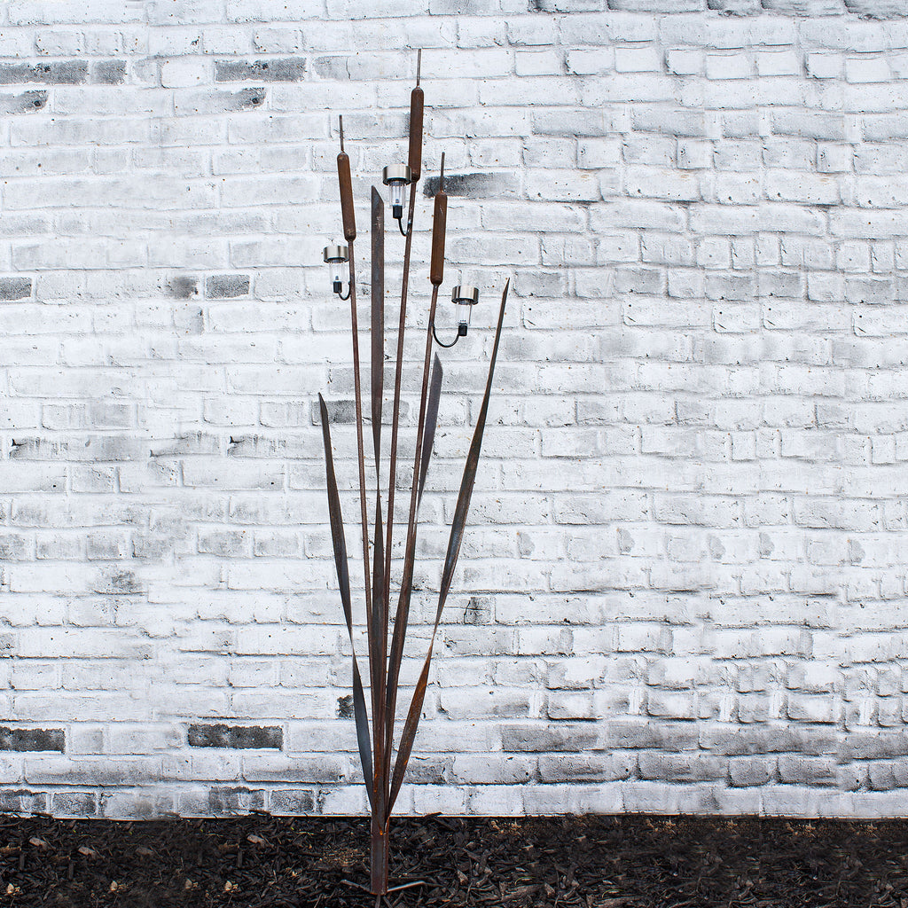 Large Rustic Cattail Bulrush Sculpture with three solar lights Metal A ...